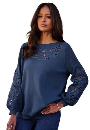 Roaman's Pullover Sweater With Cutout Detail - Navy