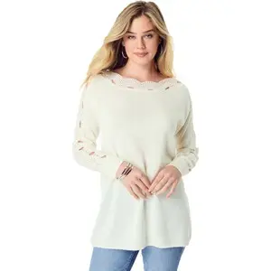 Roaman's Pointelle Sleeve Pullover With Scalloped Neckline - Ivory