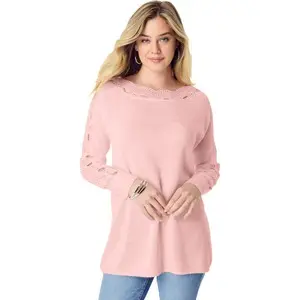 Roaman's Pointelle Sleeve Pullover With Scalloped Neckline - Soft Blush
