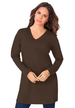 Roaman's Cotton Ultimate Long Sleeve V-neck Tunic - Chocolate