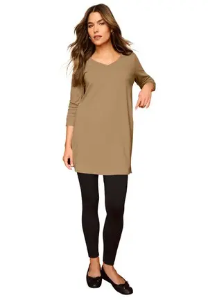 Roaman's Cotton Ultimate Long Sleeve V-neck Tunic - Soft Camel