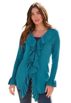 Roaman's V-neck Ruffle Trim Tie-front Cardigan - Deep Teal