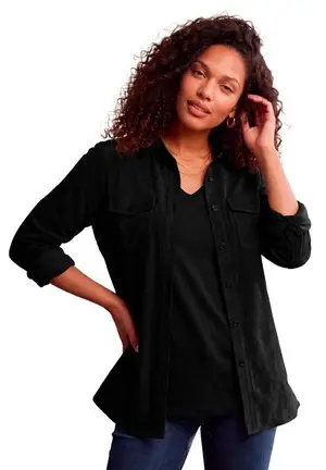 Roaman's Faux Suede Button-front Shirt With Flap Pockets - Black
