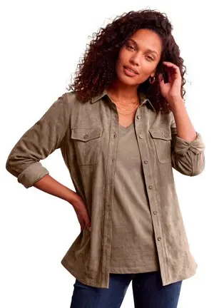 Roaman's Faux Suede Button-front Shirt With Flap Pockets - Brown Sugar