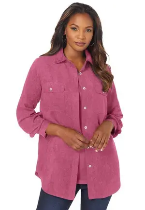 Roaman's Faux Suede Button-front Shirt With Flap Pockets - Cherry Glow