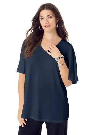 Roaman's Flutter Sleeve Ultrasmooth® Fabric Tee - Navy