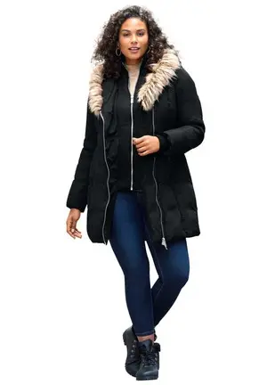 Roaman's Double Layer Puffer Coat With Faux Fur Hood Black