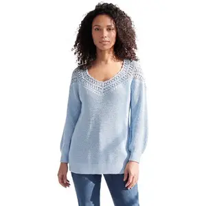 Roaman's Crochet Sweetheart Neckline Pullover Sweater - Pale Blue