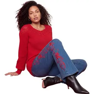 Roaman's Crochet Sweetheart Neckline Pullover Sweater - Vivid Red