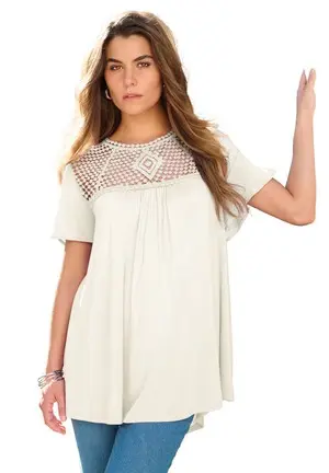 Roaman's Lace Yoke Pleated Tunic - Ivory