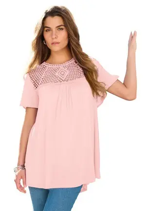 Roaman's Lace Yoke Pleated Tunic - Soft Blush