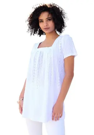 Roaman's Square Neck Eyelet Tunic - White