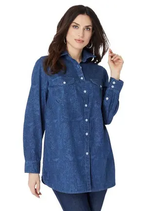 Roaman's Olivia Denim Big Shirt - Denim Etched Filigree