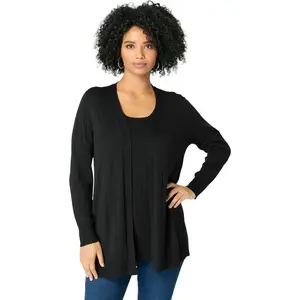 Roaman's Drop Needle Cardigan Lightweight Sweater Knit - Black