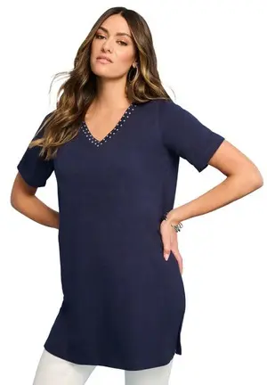 Roaman's Embellished V-neck Tunic - Navy