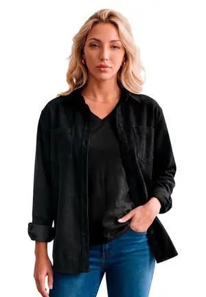 Roaman's Corduroy Button-front Tunic Shirt - Black