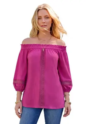 Roaman's Lace Off The Shoulder Blouson Sleeve Tunic - Raspberry