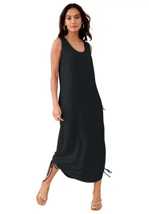 Roaman's Stretch Knit Sleeveless Midi Dress With Ruched Hem Detail - Black
