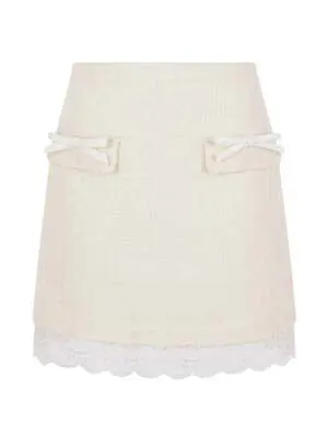 SELF-PORTRAIT Textured Tweed Mini Skirt With Lace Hem