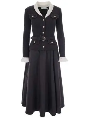 SELF-PORTRAIT Contrast Collar Belted Knit Midi Dress - Grey
