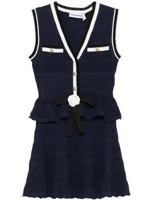 SELF-PORTRAIT Sleeveless Knit V-neck Mini Dress With Button Front And Belted Waist - Navy