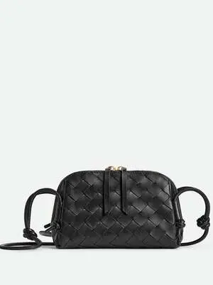 Bottega Veneta Mini Lambskin Flat Pocket Bag With Zip Closure And Adjustable Leather Strap - Nero