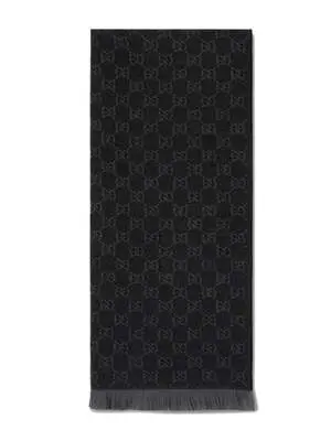 Gucci Gg Wool Jacquard Scarf With Fringe Trim, 45 Cm X 185 Cm - Nero