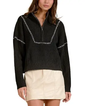 Elan Contrast Stitch Quarter Zip Sweater - Black