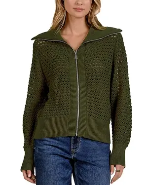 Elan Cotton Zip Front Knit Cardigan - Olive