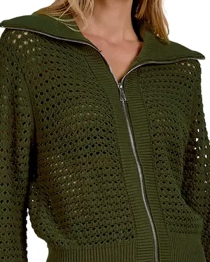 Elan Cotton Zip Front Knit Cardigan - Olive