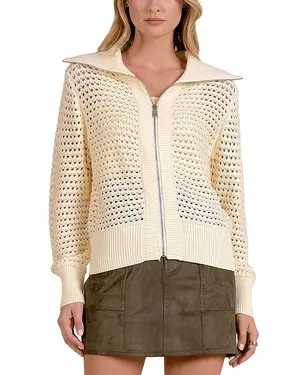 Elan Cotton Zip Front Knit Cardigan With Shawl Collar