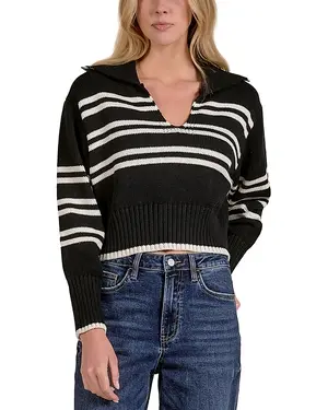 Elan Cotton Striped Collared V-neck Sweater - Black Stripe