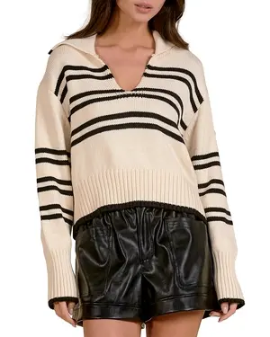 Elan Cotton Collared V-neck Striped Sweater