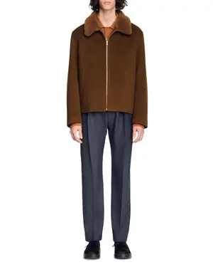 Sandro Wool Blend Aviator Jacket With Shearling Collar