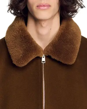Sandro Wool Blend Aviator Jacket With Shearling Collar