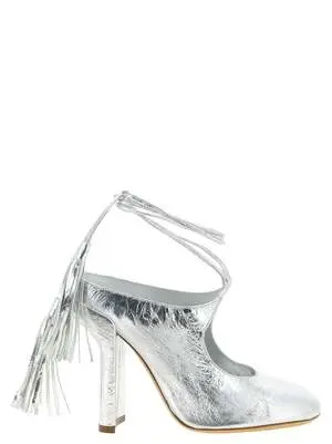 Dries Van Noten Laminated Leather Mules With Tassel Lace - Silver