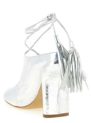 Dries Van Noten Laminated Leather Mules With Tassel Lace - Silver