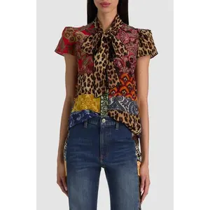 Alice + Olivia Jeannie Silk Patchwork Pussy Bow Top