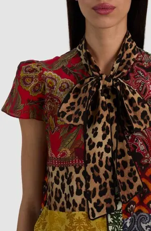 Alice + Olivia Jeannie Silk Patchwork Pussy Bow Top