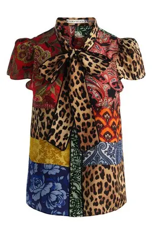Alice + Olivia Jeannie Silk Patchwork Pussy Bow Top