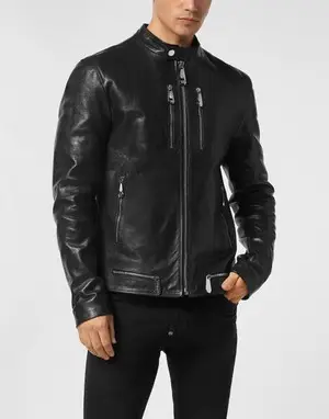 Philipp Plein Leather Moto Jacket With Metal Zips