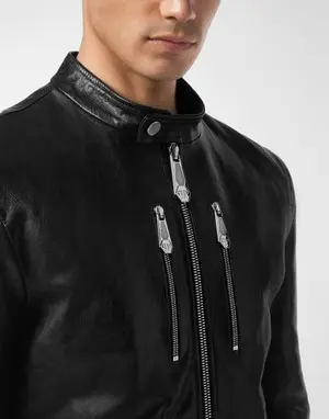 Philipp Plein Leather Moto Jacket With Metal Zips