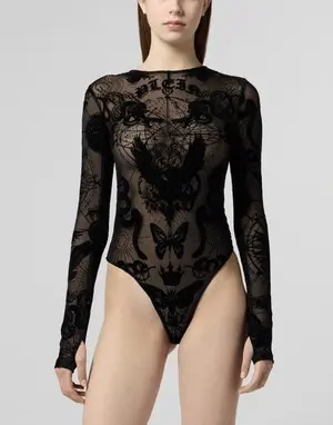 Philipp Plein Long Sleeve Bodysuit Flock Butterfly Tattoo - Black