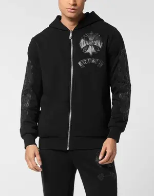 Philipp Plein Full Zip Hoodie With Leather Inserts And Chrome Crest
