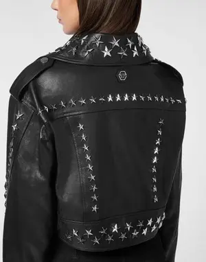 Philipp Plein Leather Star Studded Biker Jacket