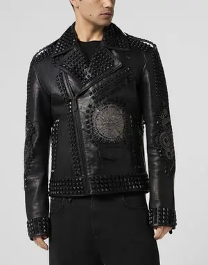 Philipp Plein Vintage Leather Biker Jacket With Tattoo Patches And Studs