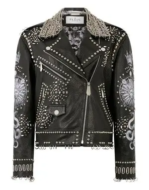 Philipp Plein Studded And Printed Leather Biker Jacket