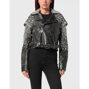 Philipp Plein Cropped Embellished Leather Biker Jacket