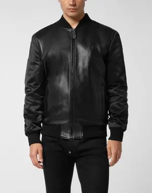 Philipp Plein Leather Bomber Jacket With Embroidered Logo