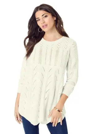 Roaman's Scallop Hem Pointelle Sweater - Ivory